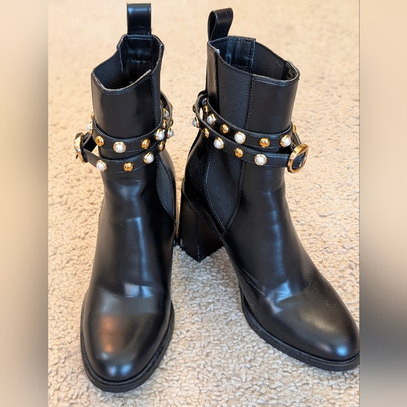 Zara | Shoes | Zara Black Ankle Boots With Gold And Pearl Accents ...